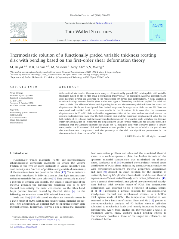 Pdf Thermoelastic Solution Of A Functionally Graded Variable Thickness Rotating Disk With