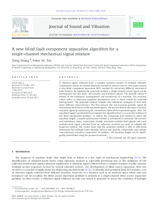 Pdf A New Blind Fault Component Separation Algorithm For A Single