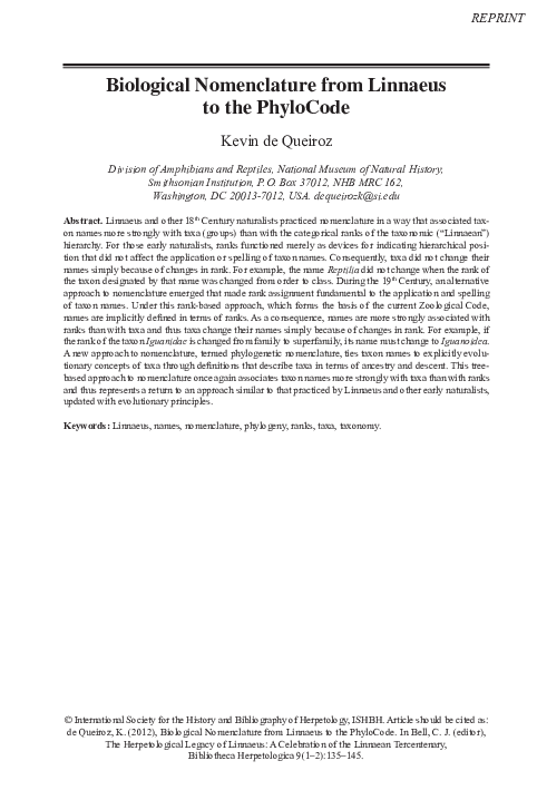 (PDF) Biological nomenclature from Linnaeus to the PhyloCode.