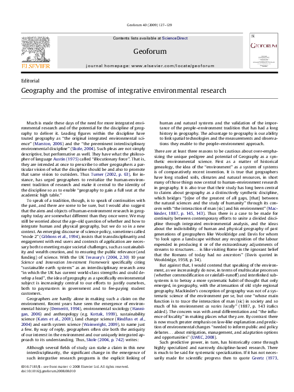 (PDF) Geography and the promise of integrative environmental research