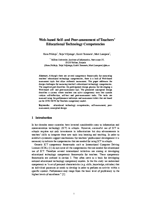 (PDF) Web-Based Self- and Peer-Assessment of Teachers’ Educational Technology Competencies