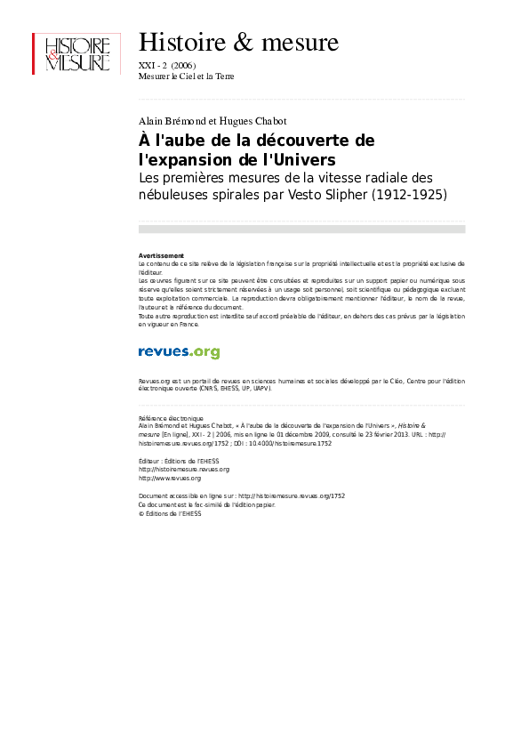 (PDF) À l’aube de la découverte de l’expansion de l’Univers. Les ...