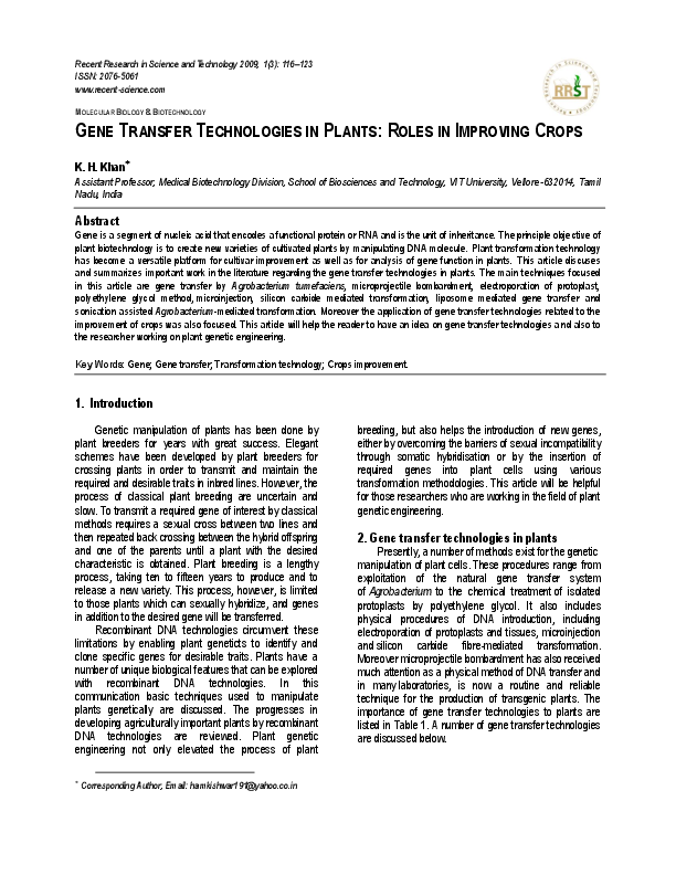 (PDF) Gene Transfer Technologies in plants: Roles in improving Crops.