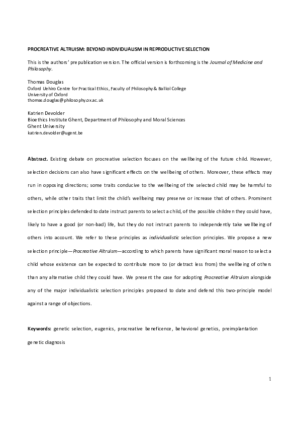 (PDF) Procreative Altruism: Beyond Individualism in Reproductive Selection