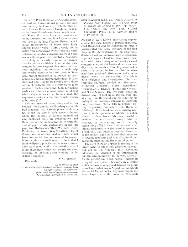 (PDF) Review of JOAD RAYMOND (ed.), The Oxford History of Popular Print ...