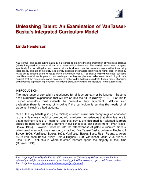 (PDF) Unleashing Talent: An examination of VanTassel-Baska's Integrated Curriculum Model