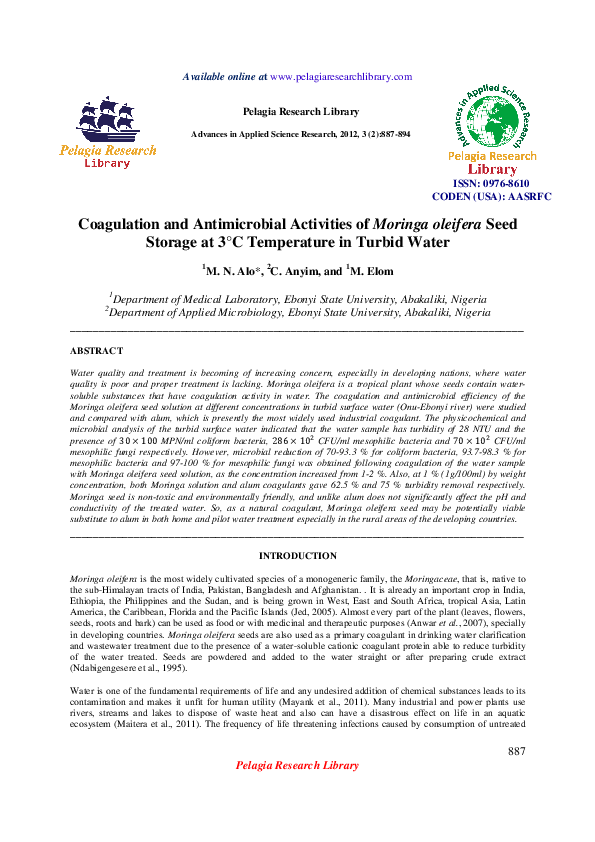 (PDF) Coagulation and Antimicrobial Activities of Moringa oleifera Seed Storage at 3°C ...