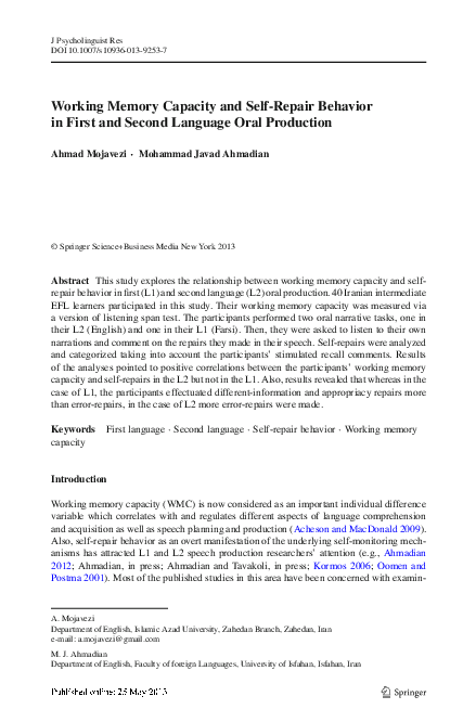 Pdf Working Memory Capacity And Self Repair Behavior In First And Second Language Oral 1514
