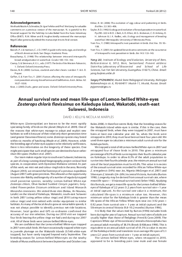 (PDF) Annual survival rate and mean life span of lemon-bellied white ...