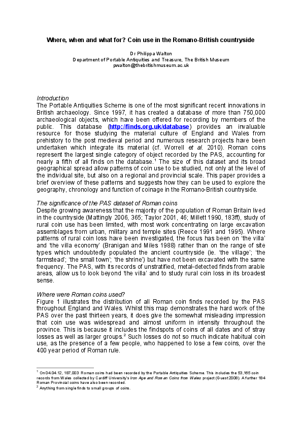 (DOC) Walton, P. (in press) Where, when and what for? Coin use in the ...