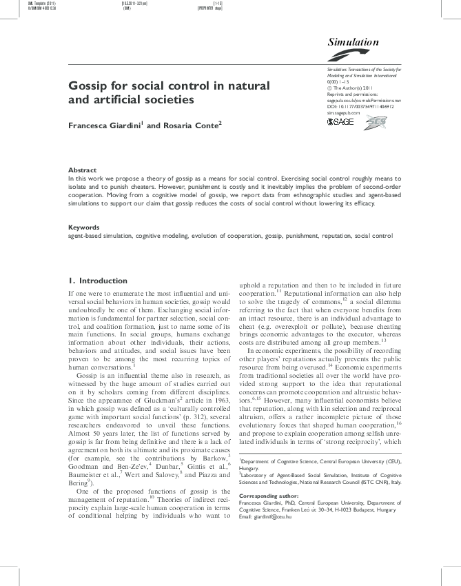 (PDF) Gossip for social control in natural and artificial societies