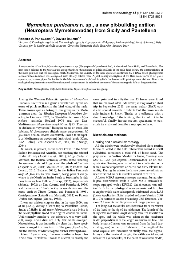 PANTALEONI R. A. & BADANO D., 2012. – Myrmeleon punicanus n.sp., a new ...