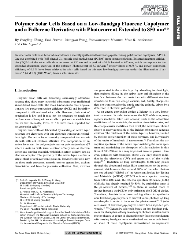 (PDF) Polymer Solar Cells Based on a Low-Bandgap Fluorene Copolymer and a Fullerene Derivative ...
