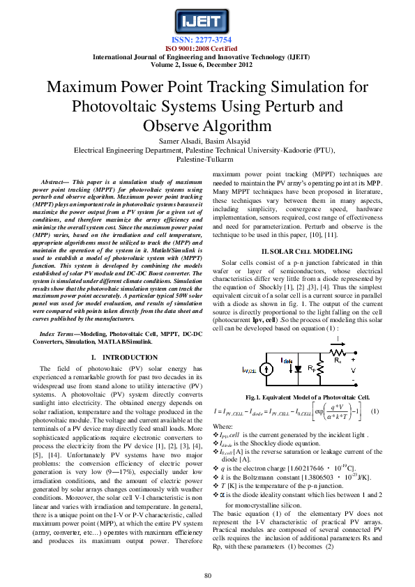 (PDF) Maximum Power Point Tracking Simulation for Photovoltaic Systems Using Perturb and Observe ...