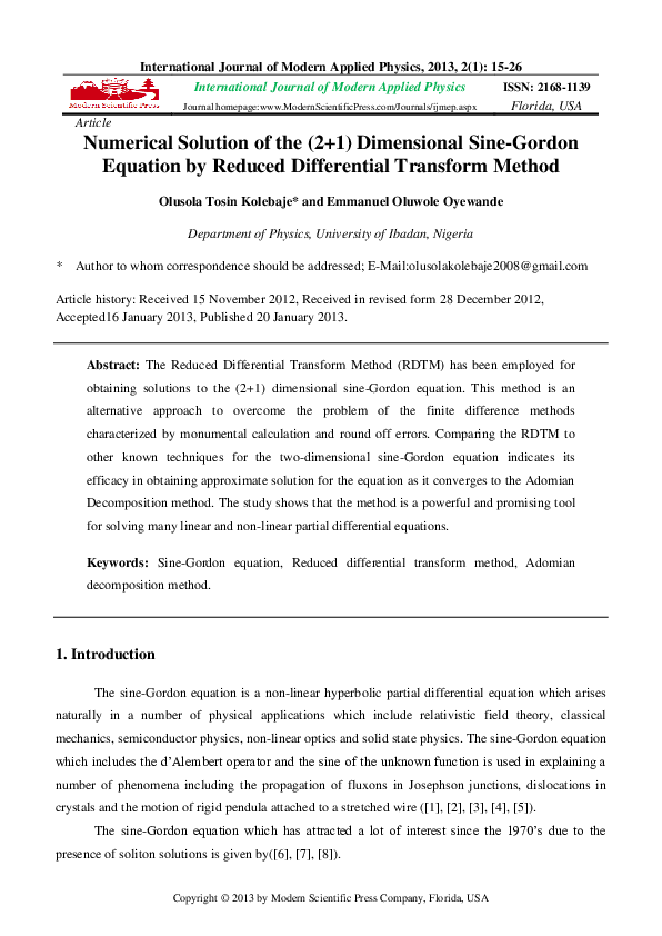 Pdf Numerical Solution Of The 2 1 Dimensional Sine Gordon Equation By Reduced Differential