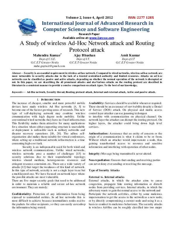 (PDF) A Study of wireless Ad-Hoc Network attack and Routing Protocol attack