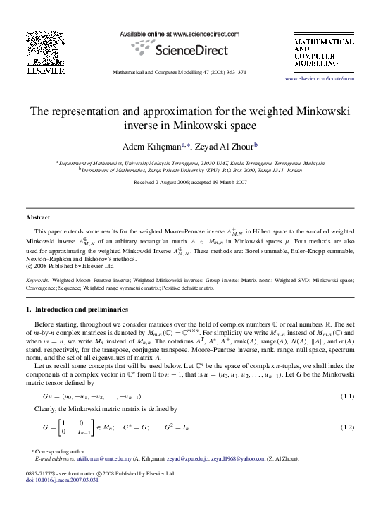 Pdf The Representation And Approximation For The Weighted Minkowski