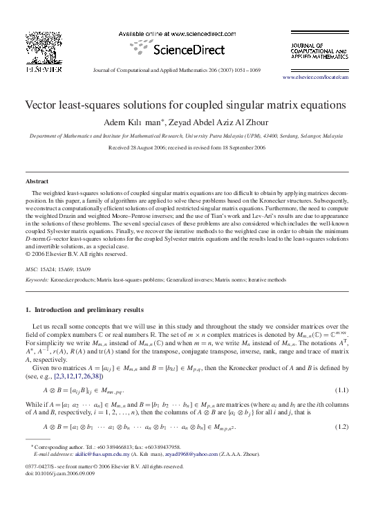 Pdf Vector Least Squares Solutions For Coupled Singular Matrix Equations