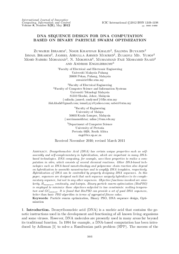 Pdf Dna Sequence Design For Dna Computation Based On Binary Particle Swarm Optimization