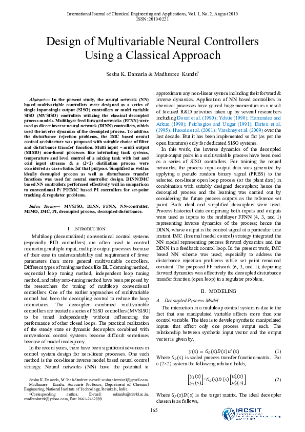 (PDF) Design of Multivariable Neural Controllers Uisng a Classical Approach