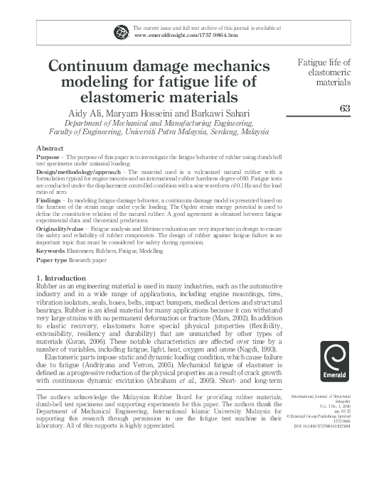 (PDF) Continuum damage mechanics modeling for fatigue life of elastomeric materials