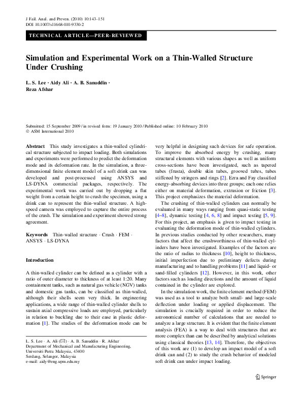 Simulation And Experimental Work On A Thin Walled Structure Under Crushing