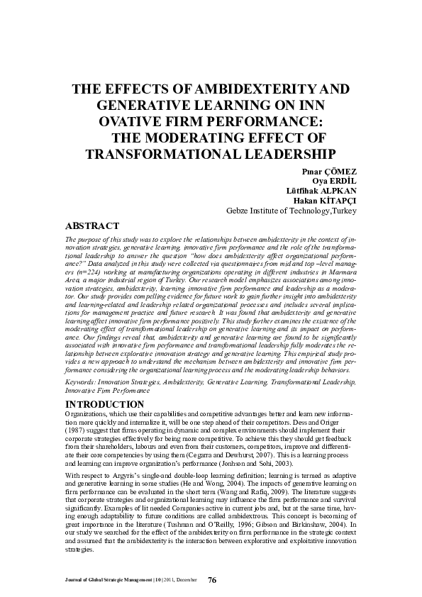 (PDF) THE EFFECTS OF AMBIDEXTERITY AND GENERATIVE LEARNING ON INN OVATIVE FIRM PERFORMANCE: THE ...
