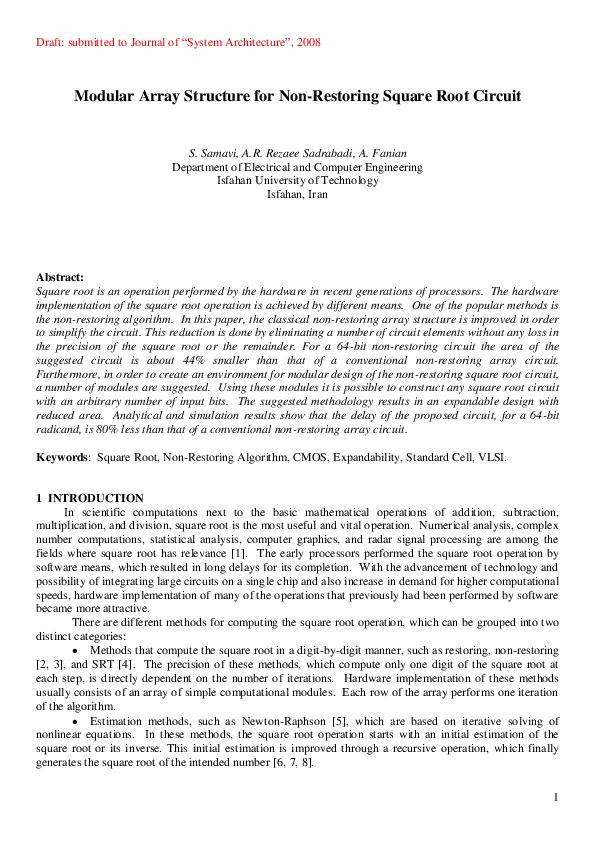 (PDF) Modular array structure for non-restoring square root circuit