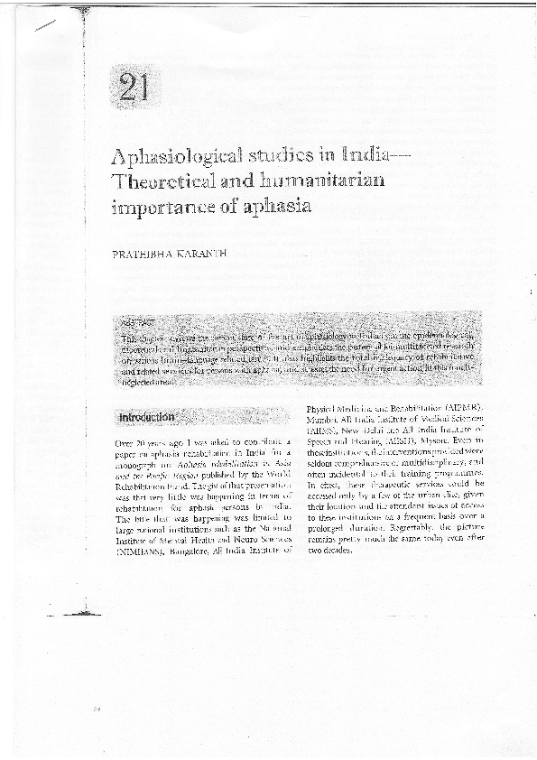 (PDF) Aphasiological studies in India- Theoretical andl humanitarian ...