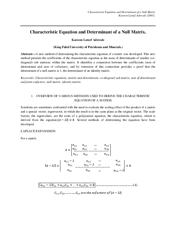 (PDF) Characteristic Equation and Determinant of a Null Matrix.