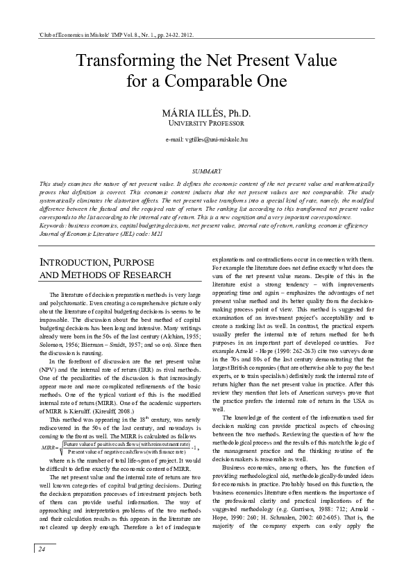 (PDF) Transforming the Net Present Value for a Comparable One