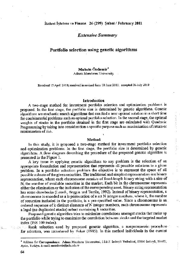 (PDF) Portfolio selection using genetic algorithms