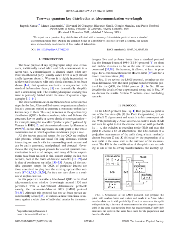 Pdf Two Way Quantum Key Distribution At Telecommunication Wavelength