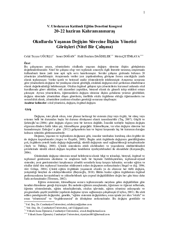 (DOC) Okullarda Yaşanan Değişim Sürecine İlişkin Yönetici Görüşleri