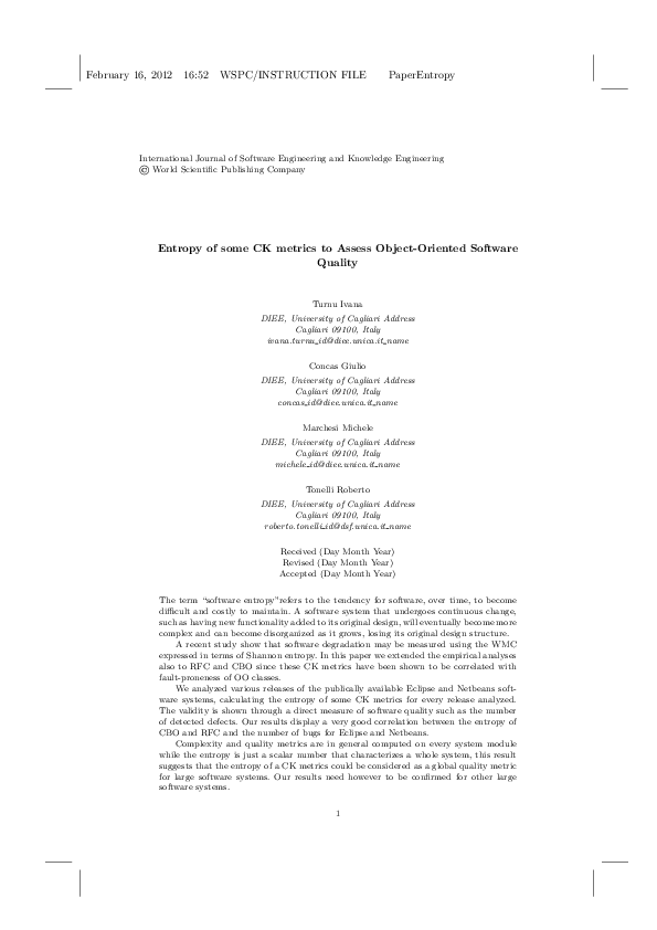 (PDF) Entropy of some CK metrics to Assess Object-Oriented Software Quality