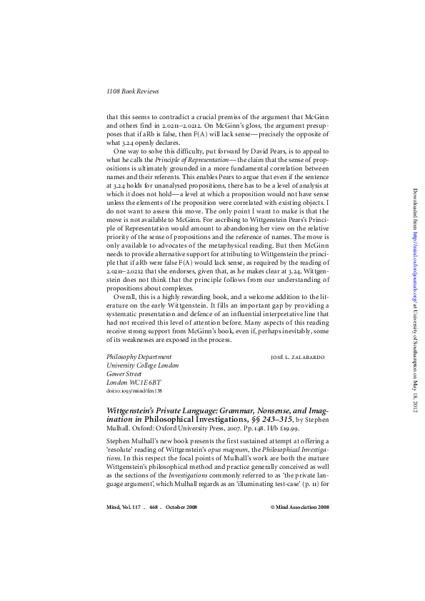 (PDF) Review: Stephen Mulhall: Wittgenstein's Private Language: Grammar ...