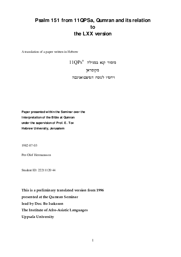 (PDF) Psalm 151 from 11QPSa and its relation to the LXX-version