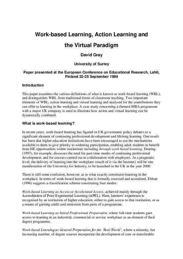 (DOC) Workplace learning, Action learning and the Virtual paradigm