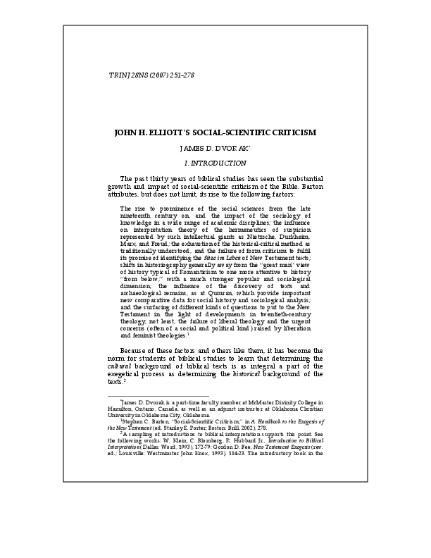 (PDF) John H. Elliott's Social-Scientific Criticism