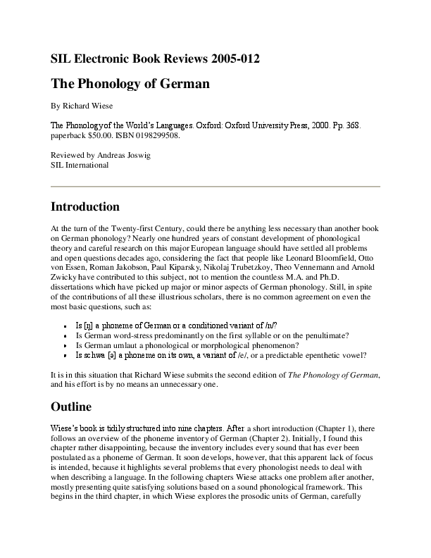 (PDF) Review of: The phonology of German by Richard Wiese