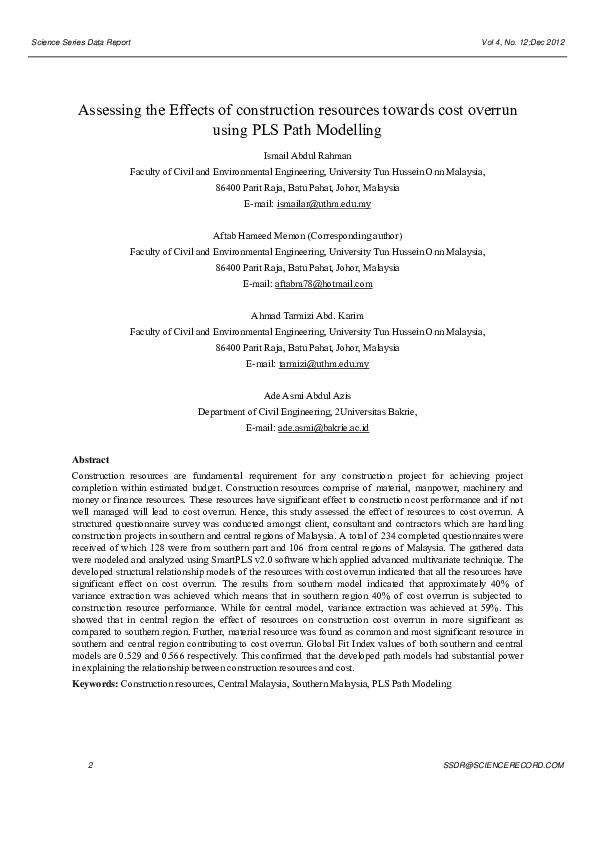 (PDF) Assessing the Effects of construction resources towards cost overrun using PLS Path Modelling.