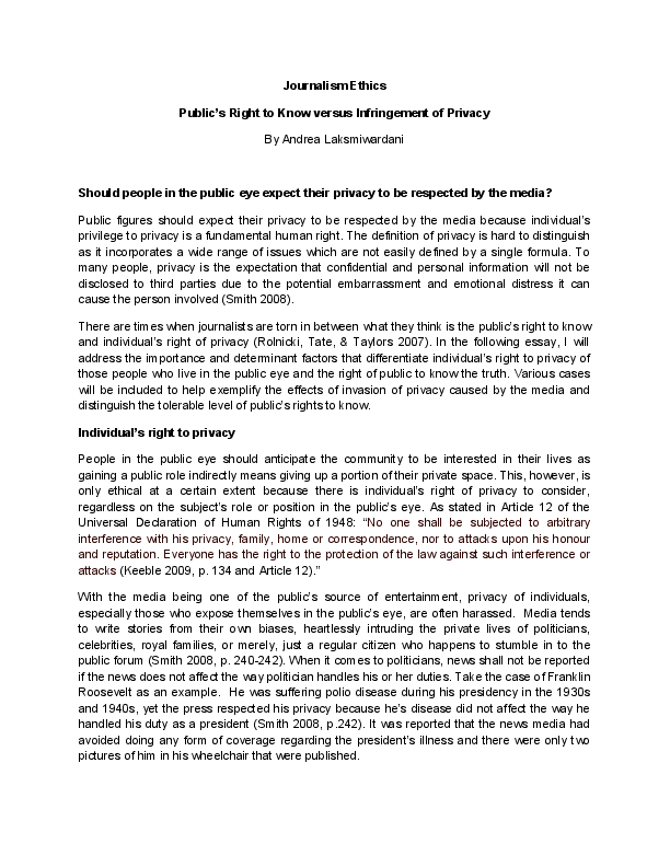 (DOC) Journalism Ethics: Public's Right to Know versus Infringement of ...