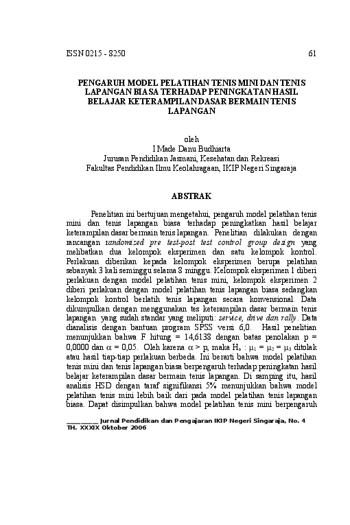 (DOC) PENGARUH MODEL PELATIHAN TENIS MINI DAN TENIS LAPANGAN BIASA TERHADAP PENINGKATAN HASIL ...