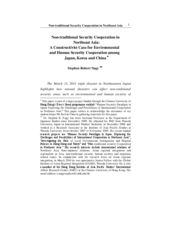 (PDF) Non-traditional Security Cooperation in Northeast Asia: A ...