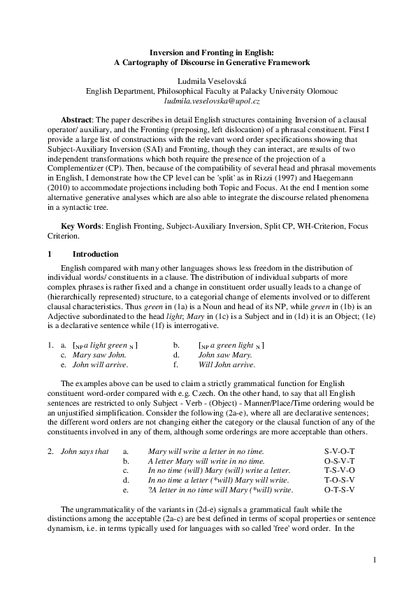 (PDF) Inversion and Fronting in English: A Cartography of Discourse in ...