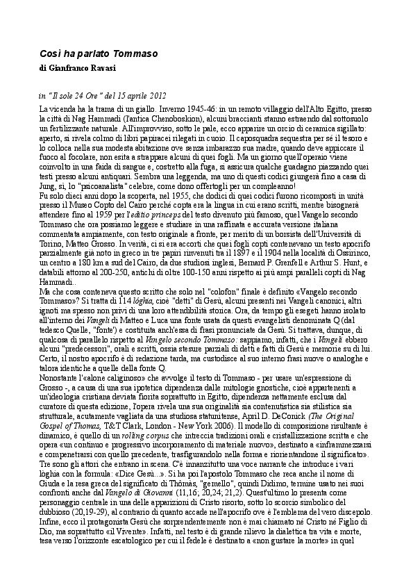 (PDF) Vangelo secondo Tommaso. Introduzione, traduzione e commento di ...