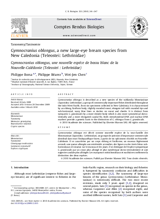 Gymnocranius oblongus, a new large-eye bream species from New Caledonia ...