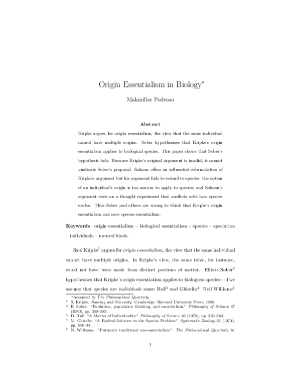 (PDF) Origin Essentialism in Biology