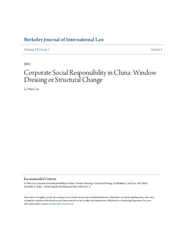 (PDF) Corporate Social Responsibility in China- Window Dressing or Stru