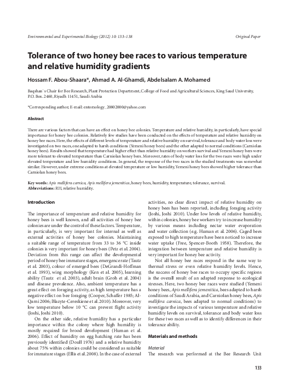 (PDF) Tolerance of two honey bee races to various temperature and ...